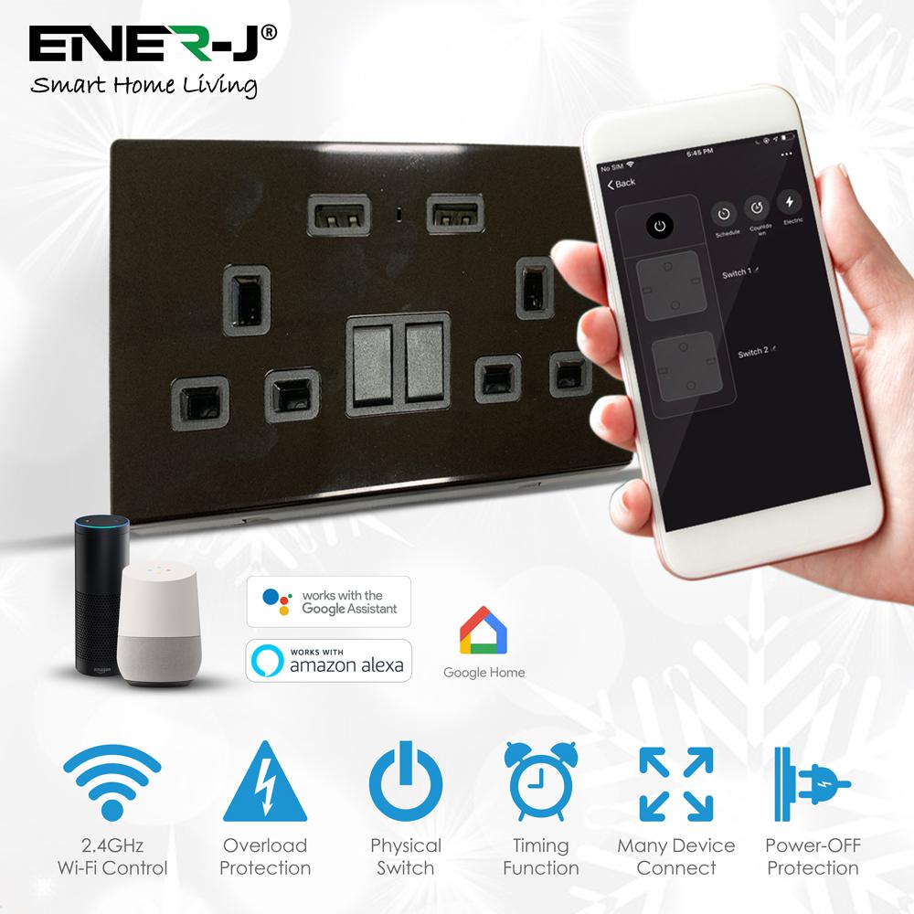 Smart Wi-Fi 13A Wi-Fi Twin Wall Sockets with 1 USB Ports (Black) | Ener-j