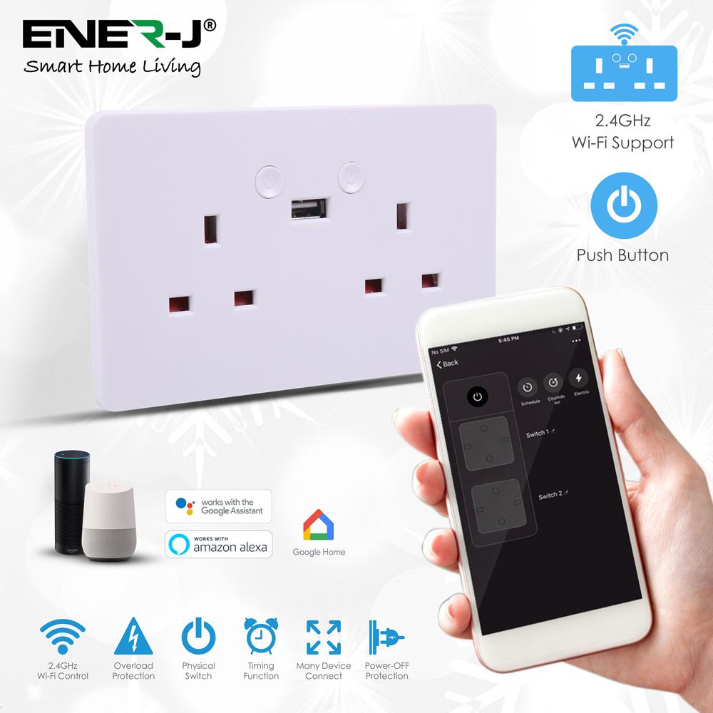 Smart Wi-Fi 13A Twin Wall Sockets with Type-c port. Push button | Ener-j